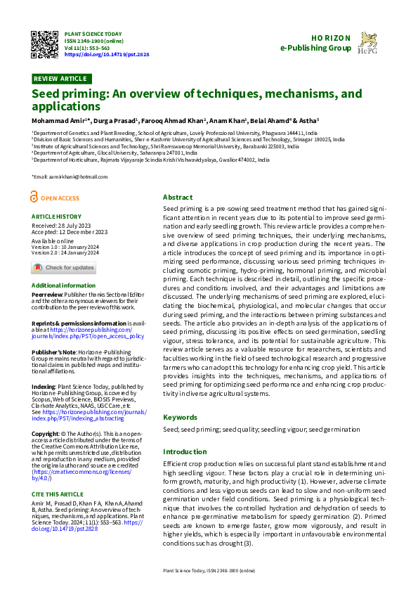 (PDF) Seed priming: An overview of techniques, mechanisms, and applications