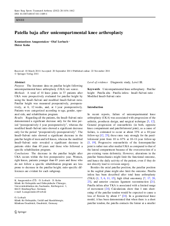 (PDF) Patella baja after unicompartmental knee arthroplasty