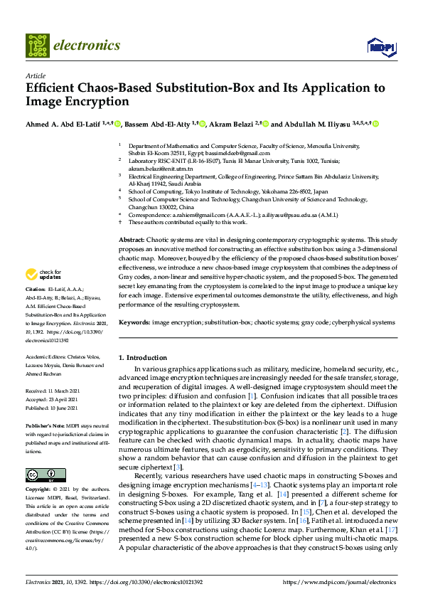 Pdf Efficient Chaos Based Substitution Box And Its Application To Image Encryption