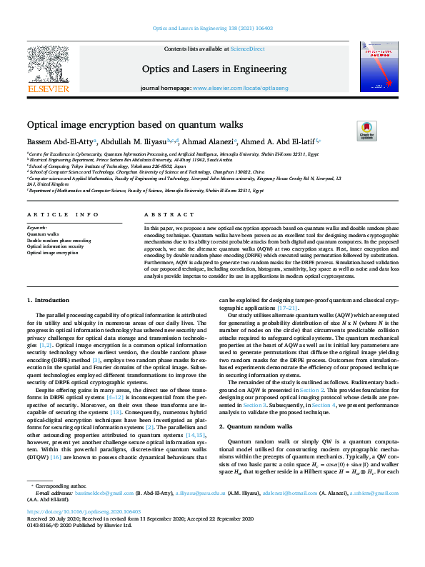 (PDF) Optical image encryption based on quantum walks
