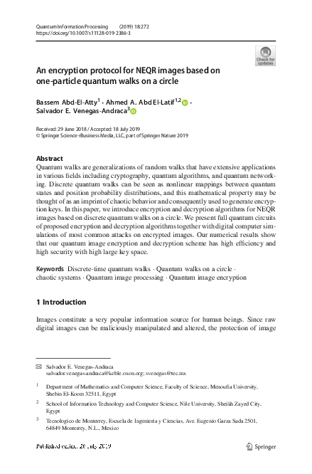 Pdf An Encryption Protocol For Neqr Images Based On One Particle Quantum Walks On A Circle