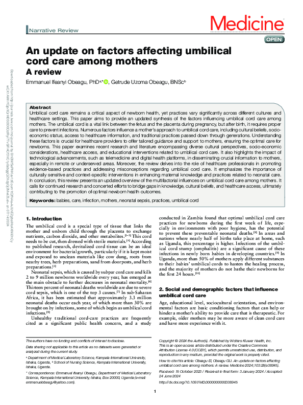 (PDF) An update on factors affecting umbilical cord care among mothers A review