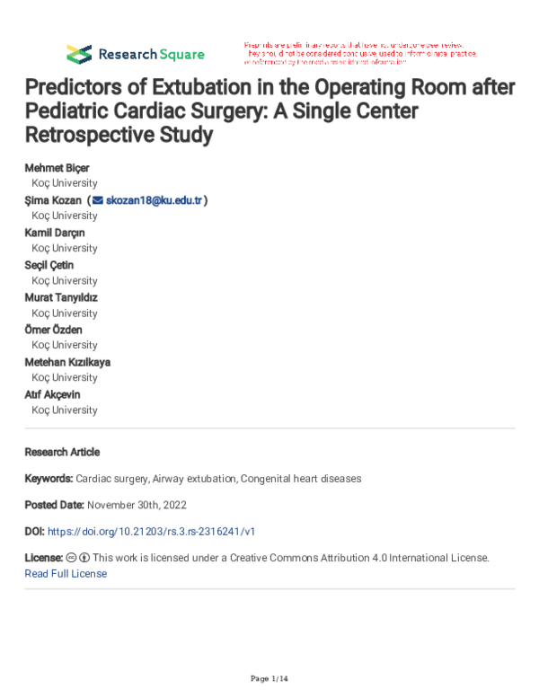 (PDF) Predictors of Extubation in the Operating Room after Pediatric ...