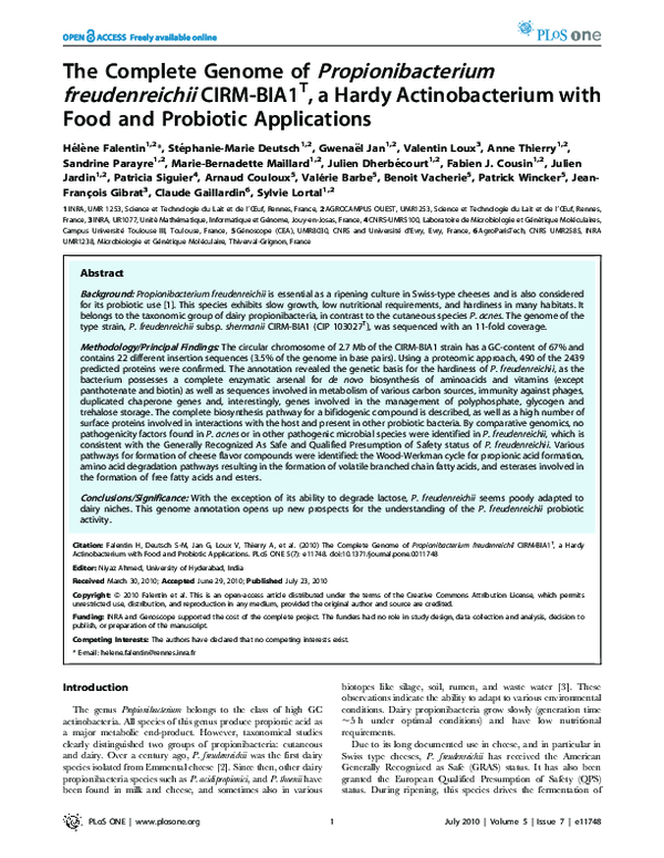 (PDF) The complete genome of Propionibacterium freudenreichii CIRM 1 a ...