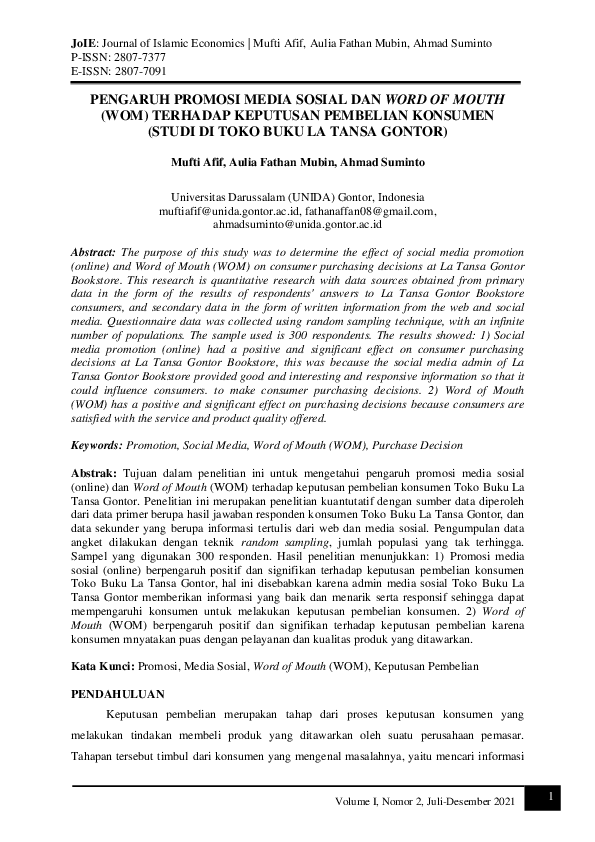 (PDF) Pengaruh Promosi Media Sosial Dan Word of Mouth (Wom) Terhadap Keputusan Pembelian ...
