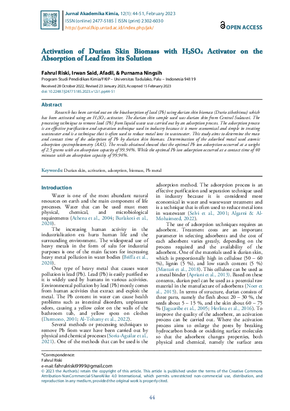 (PDF) Activation of Durian Skin Biomass with H2SO4 Activator on the ...