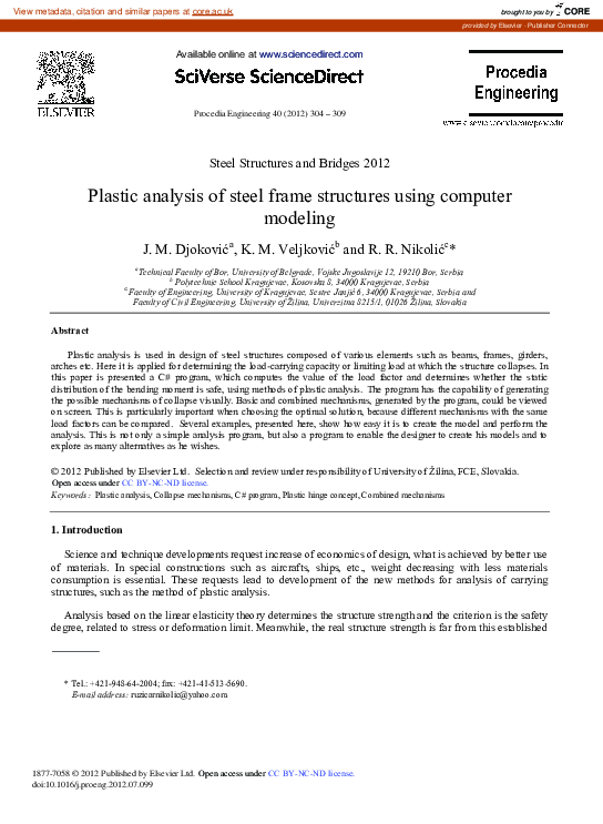 (PDF) Plastic Analysis of Steel Frame Structures using Computer Modeling