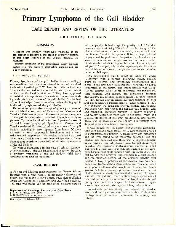 (PDF) Primary lymphoma of the gallbladder; case report and review of ...