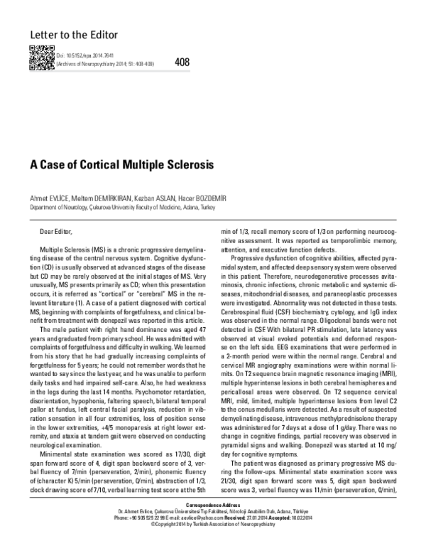 (PDF) A Case of Cortical Multiple Sclerosis