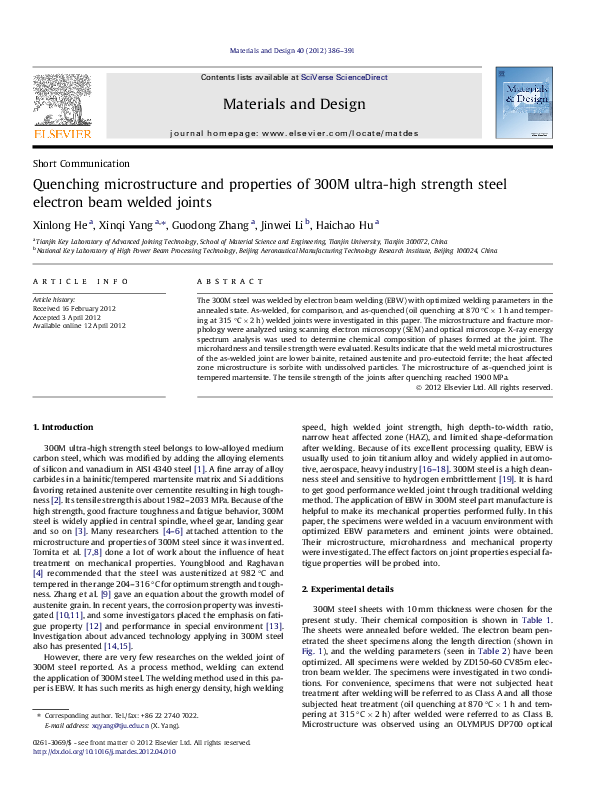 (PDF) Quenching microstructure and properties of 300M ultra-high strength steel electron beam ...