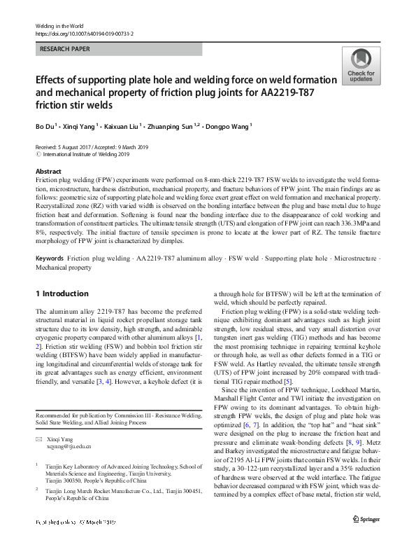 (PDF) Effects of supporting plate hole and welding force on weld ...