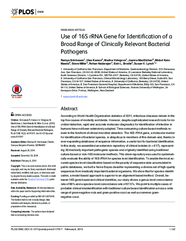 (PDF) Use of 16S rRNA Gene for Identification of a Broad Range of Clinically Relevant Bacterial ...