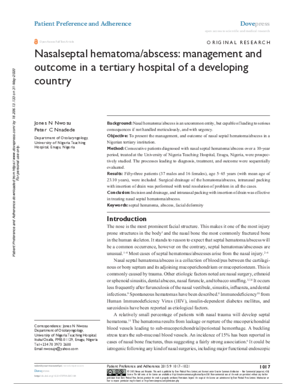 (PDF) Nasalseptal hematoma/abscess: management and outcome in a ...