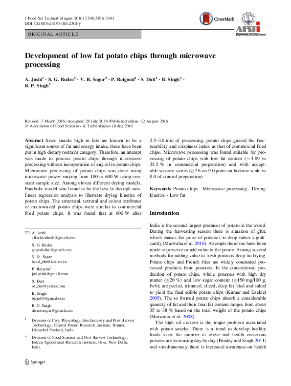 (PDF) Development of low fat potato chips through microwave processing