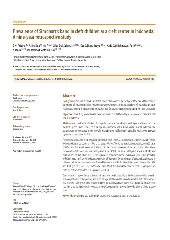 (PDF) Prevalence of Simonart’s band in cleft children at a cleft center in Indonesia: A nine ...