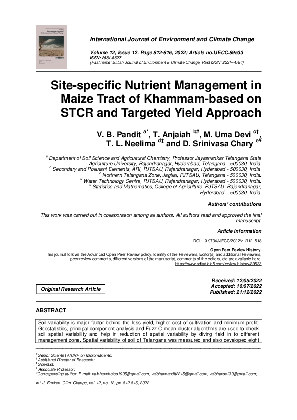 (PDF) Site-specific Nutrient Management in Maize Tract of Khammam-based ...