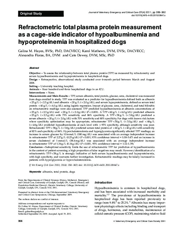 (PDF) Refractometric total plasma protein measurement as a cage‐side ...