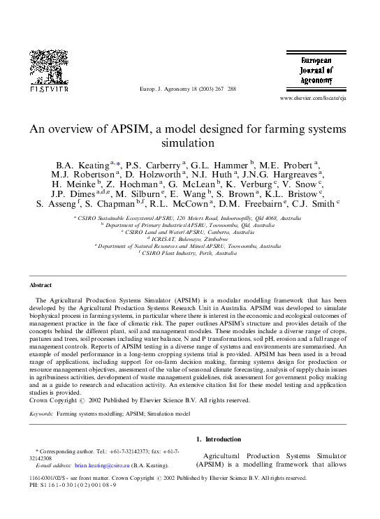 (PDF) An overview of APSIM, a model designed for farming systems simulation | M. Silburn ...