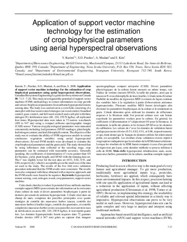 (PDF) Application of support vector machine technology for the estimation of crop biophysical ...