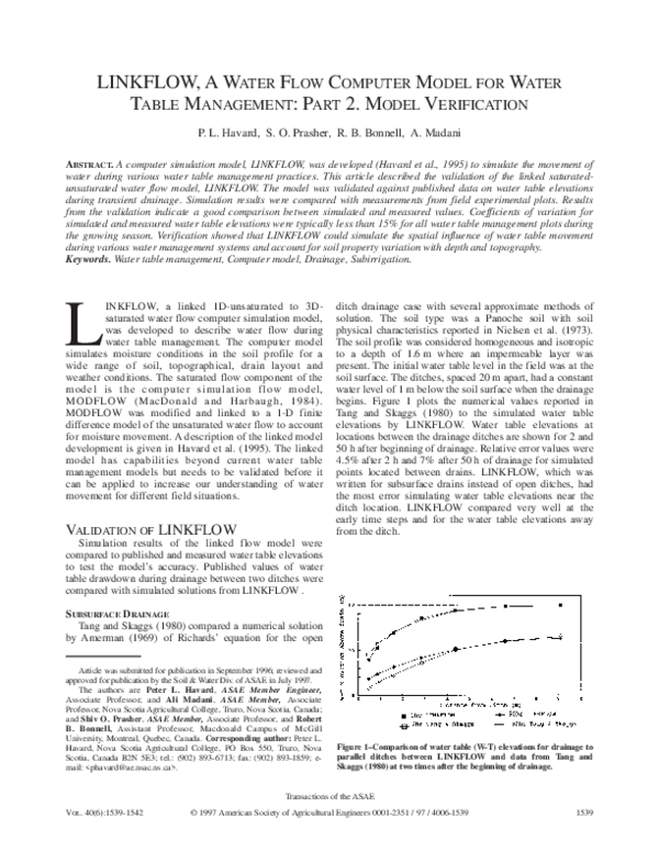 (PDF) Linkflow, a Water Flow Computer Model for Water Table Management: Part 2. Model Verification