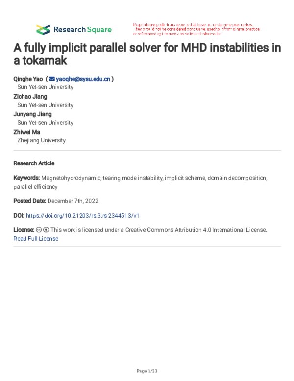 (PDF) A fully implicit parallel solver for MHD instabilities in a tokamak