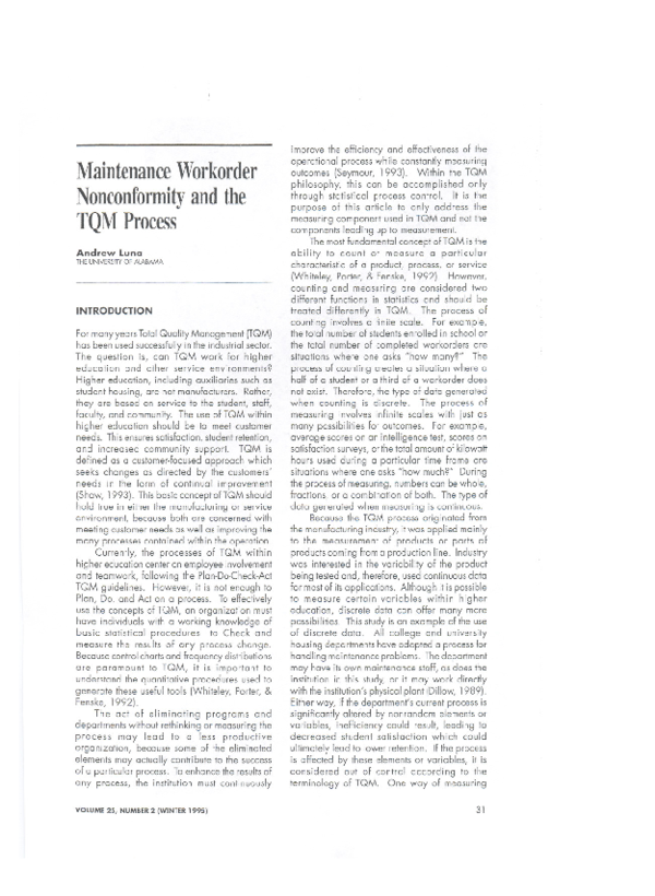 (PDF) Maintenance Workorder Nonconformity and the TQM Process