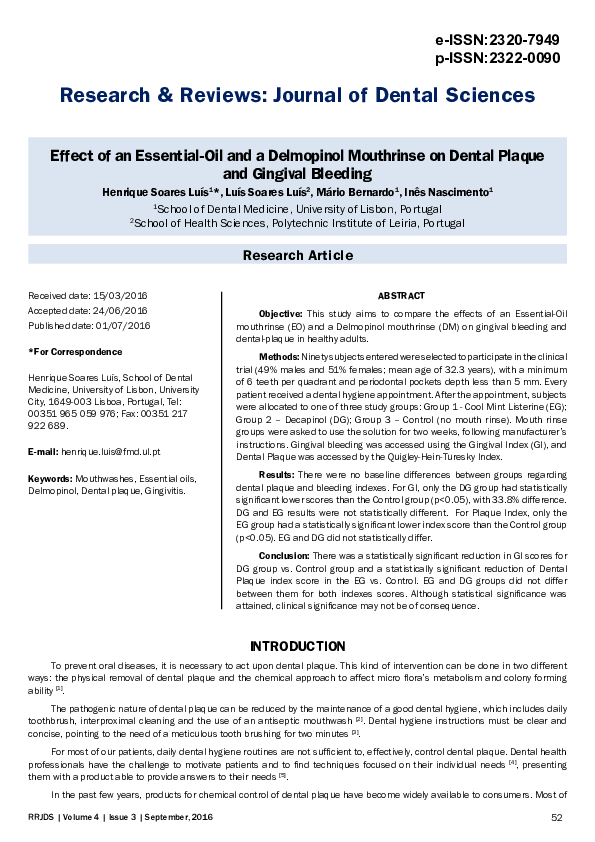 (PDF) Effect of an Essential-Oil and a Delmopinol Mouthrinse on Dental ...