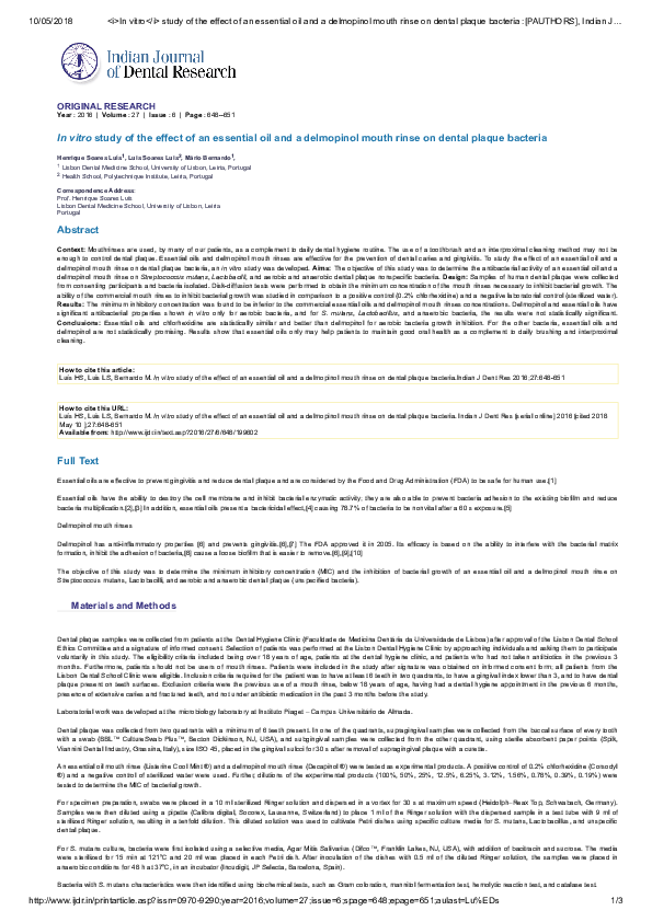 (PDF) In vitro study of the effect of an essential oil and a delmopinol ...