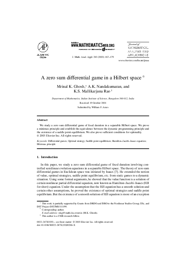 Pdf A Zero Sum Differential Game In A Hilbert Space 