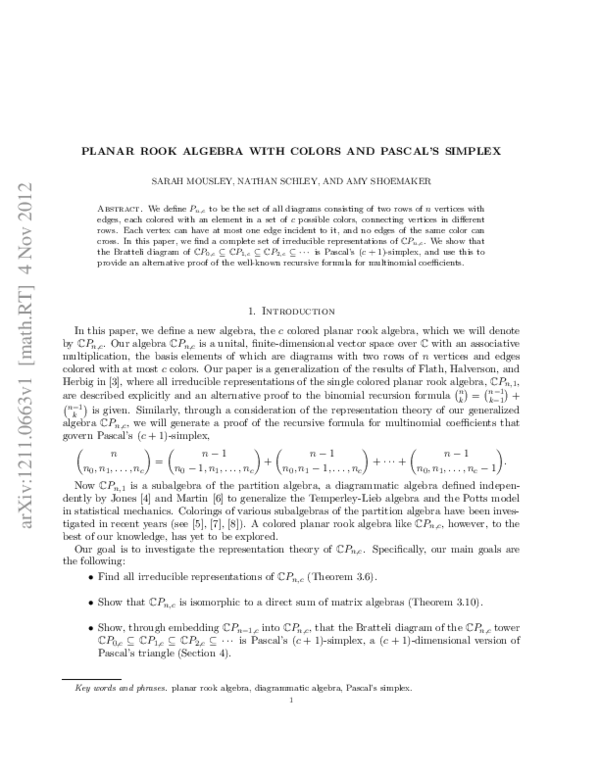 (PDF) Planar rook algebra with colors and Pascal's simplex