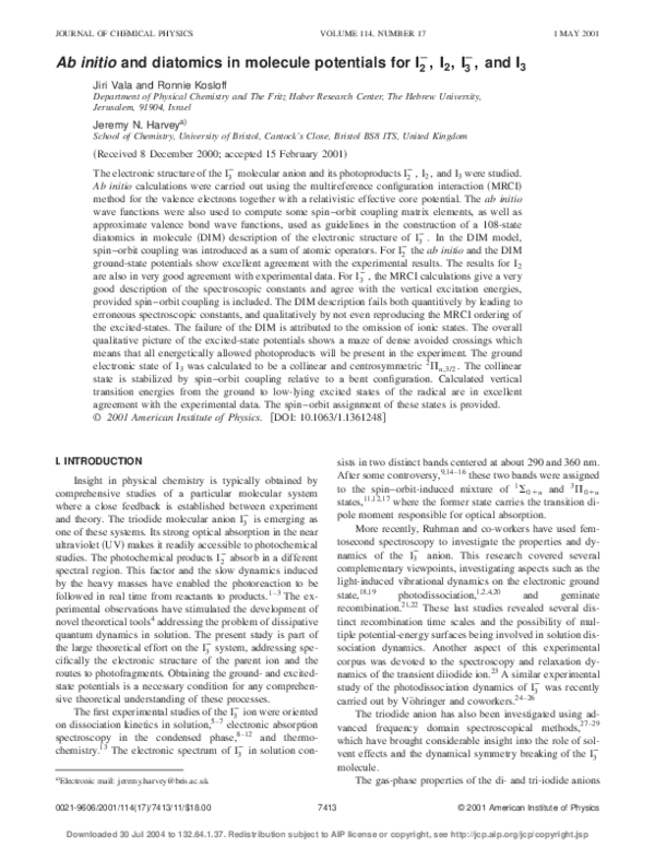 (PDF) Ab initio and diatomics in molecule potentials for I2−, I2, I3−, and I3