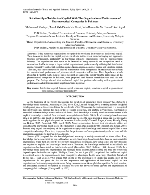 (PDF) Relationship of Intellectual Capital With The Organizational Performance of Pharmaceutical ...