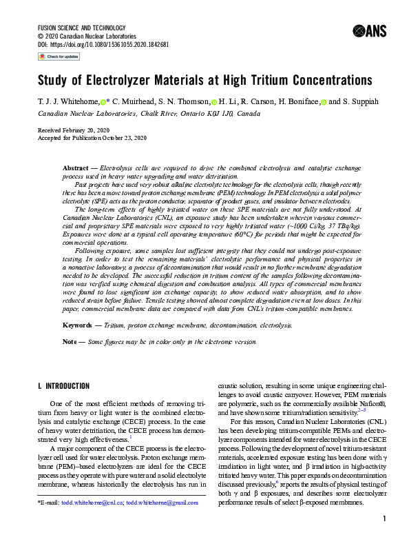 (PDF) Study of Electrolyzer Materials at High Tritium Concentrations