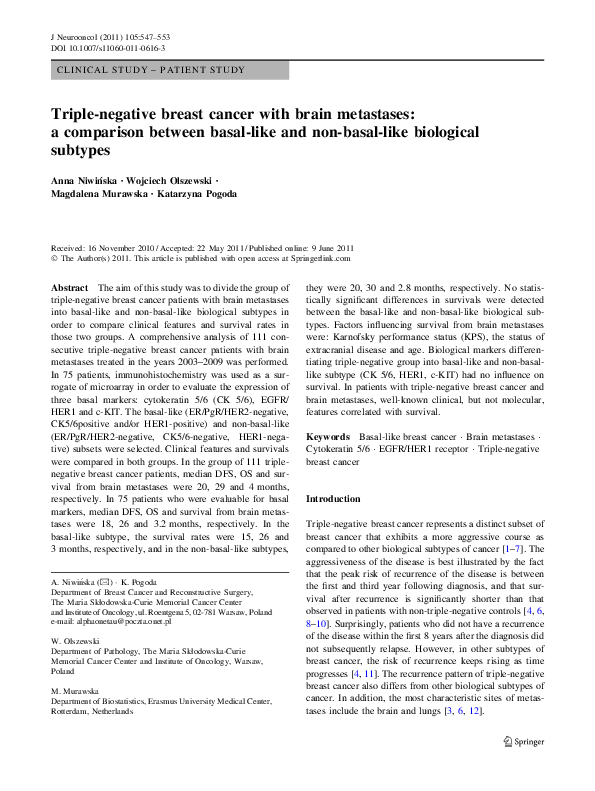 (PDF) Triple-negative breast cancer with brain metastases: a comparison between basal-like and ...