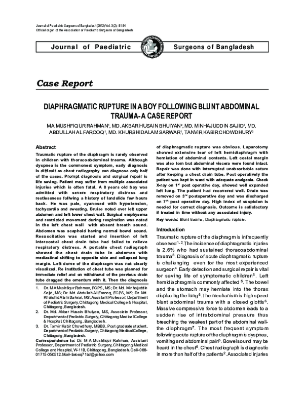 (PDF) Diaphragmatic Rupture in a Boy Following Blunt Abdominal Trauma- A Case Report | Abdullah ...
