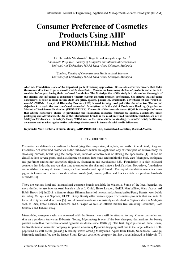 (PDF) Consumer Preference of Cosmetics Products Using AHP and PROMETHEE ...