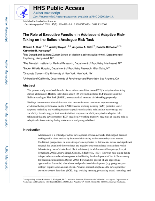 (PDF) The Role of Executive Function in Adolescent Adaptive Risk-Taking on the Balloon Analogue ...