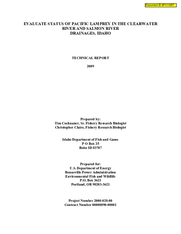 (PDF) Evaluate Status of Pacific Lamprey in the Clearwater River and ...