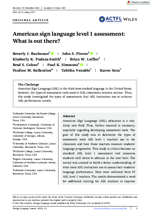 (PDF) American Sign Language Level 1 Assessment: What is Out There?
