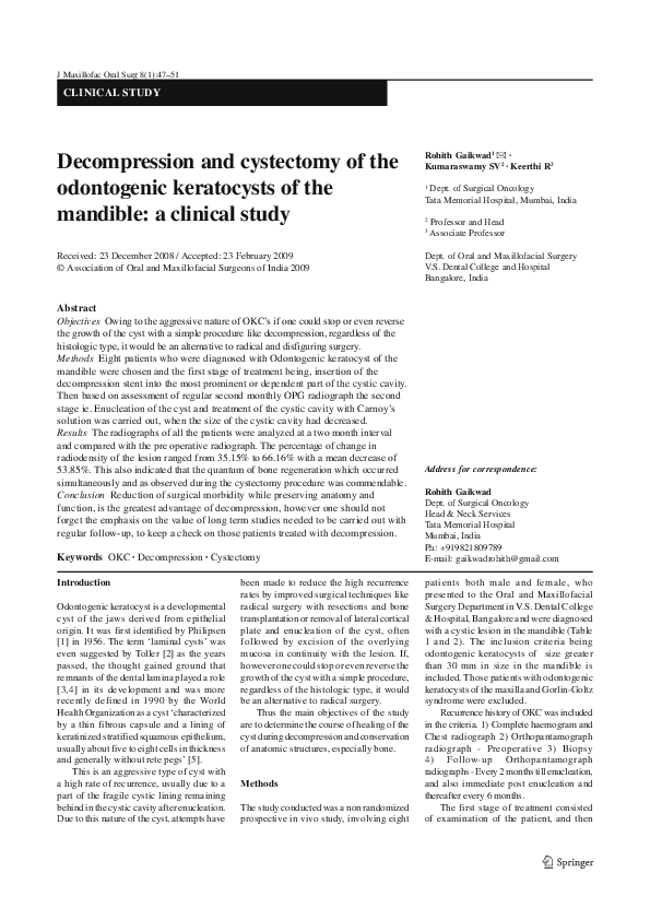 (PDF) Decompression and cystectomy of the odontogenic keratocysts of ...