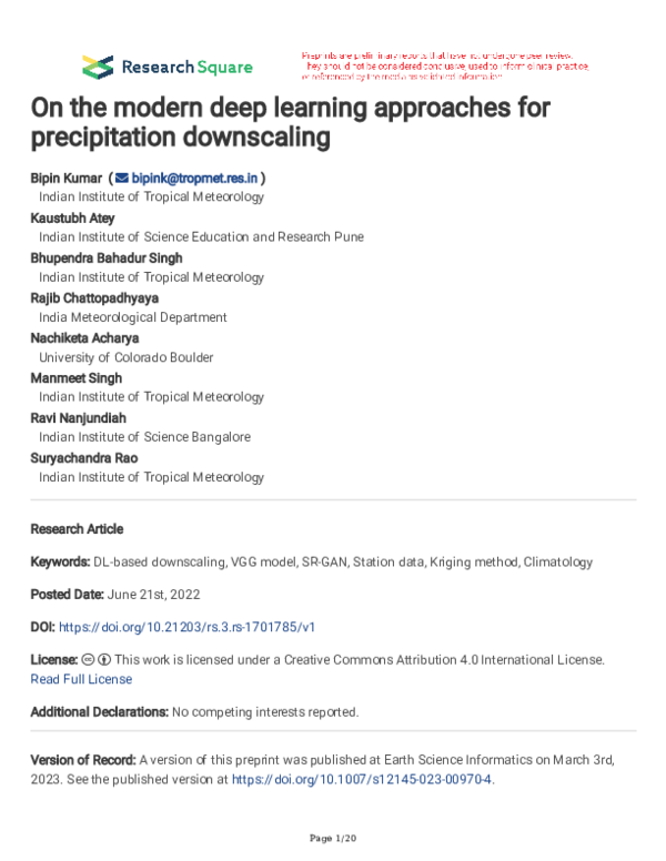 Pdf On The Modern Deep Learning Approaches For Precipitation Downscaling
