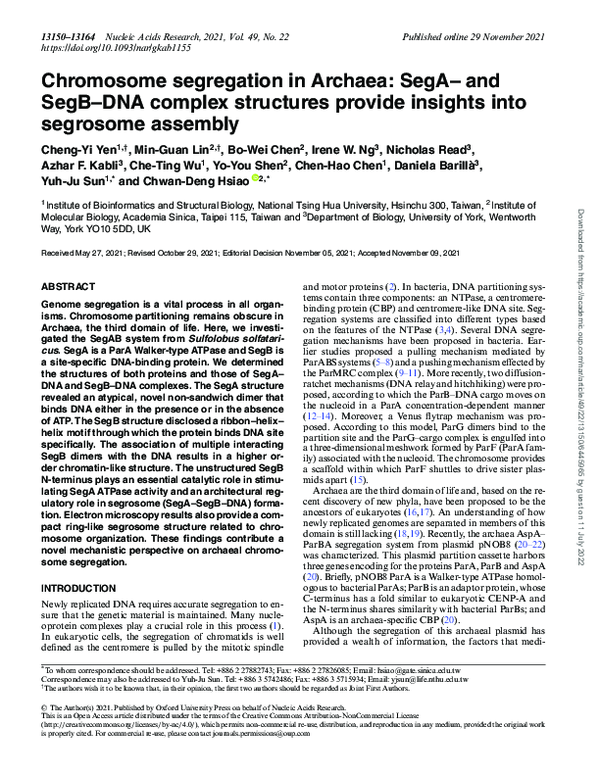 (PDF) Chromosome segregation in Archaea: SegA– and SegB–DNA complex ...
