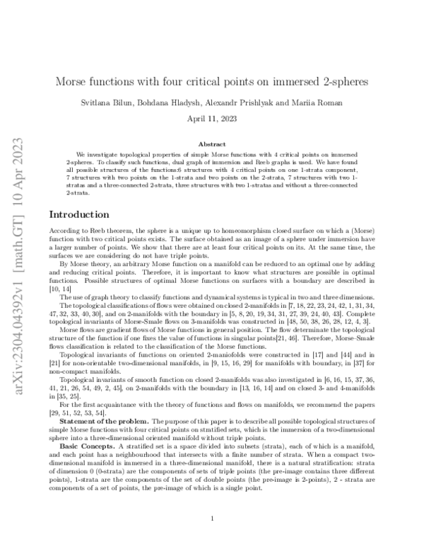 (PDF) Morse functions with four critical points on immersed 2-spheres