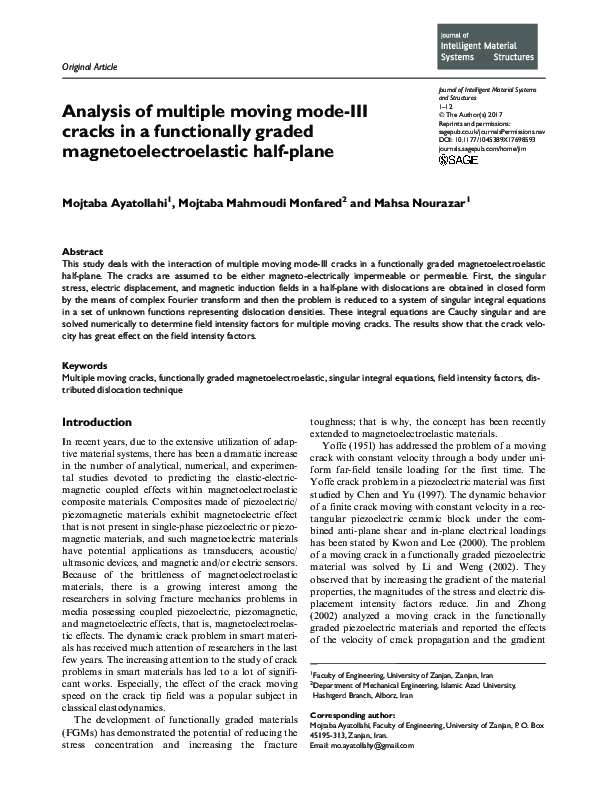 (PDF) Analysis of multiple moving mode-III cracks in a functionally graded magnetoelectroelastic ...