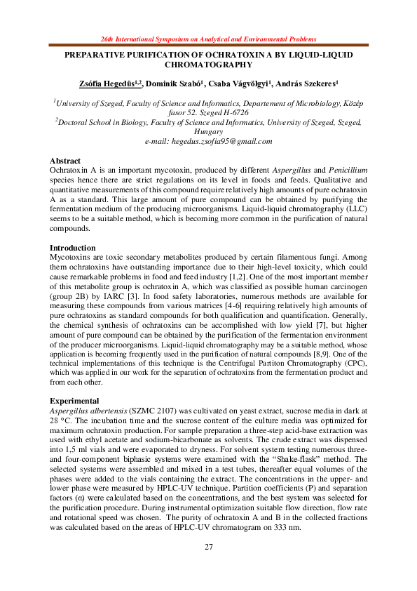 (PDF) Preparative purification of ochratoxin a by liquid-liquid ...