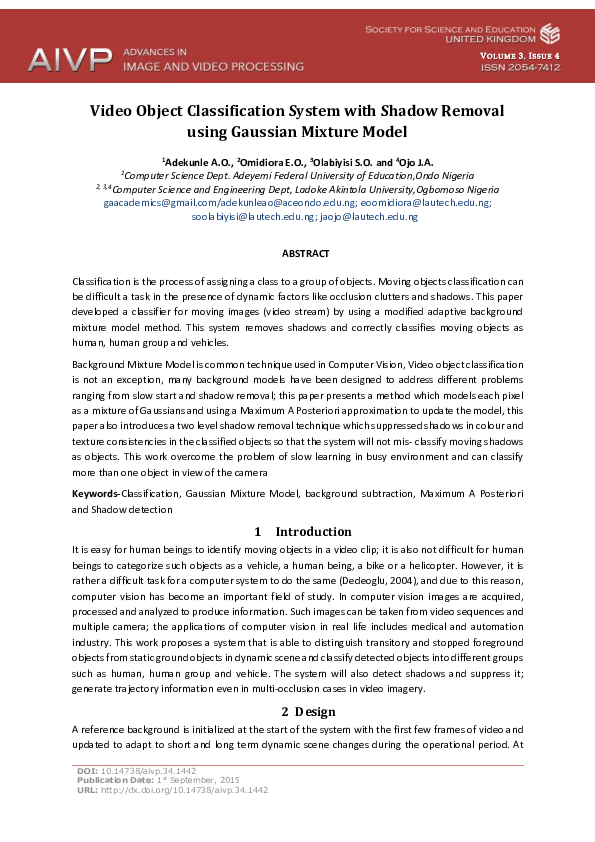 (PDF) Video Object Classification System with Shadow Removal using Gaussian Mixture Model