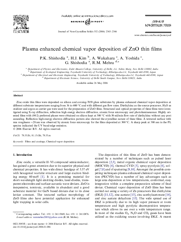 (PDF) Plasma enhanced chemical vapor deposition of ZnO thin films