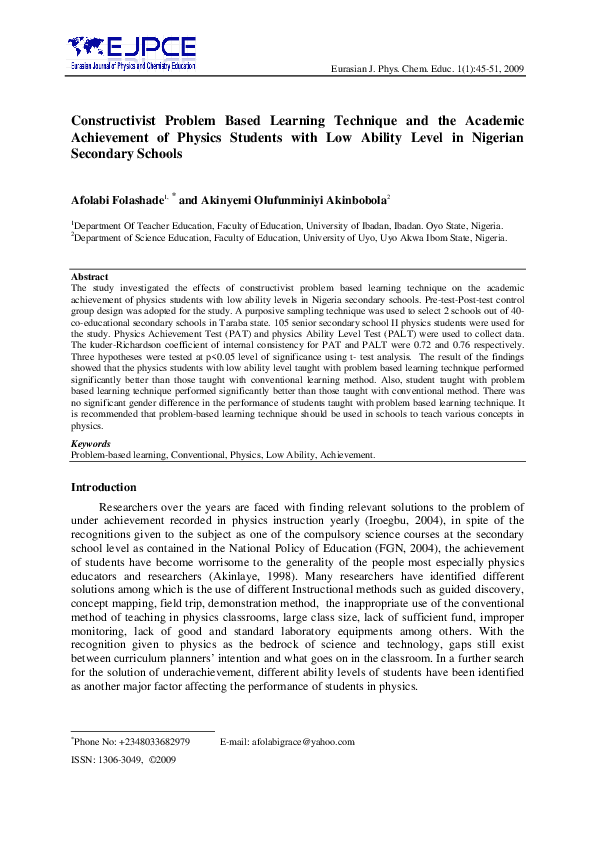 (PDF) Constructivist Problem Based Learning Technique and the Academic ...