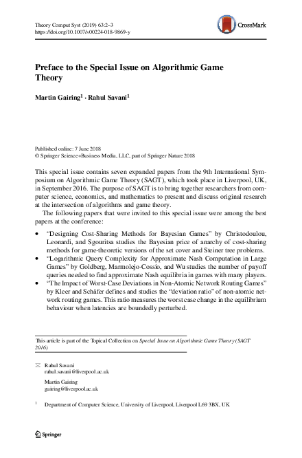 (PDF) Preface to Special Issue on Algorithmic Game Theory