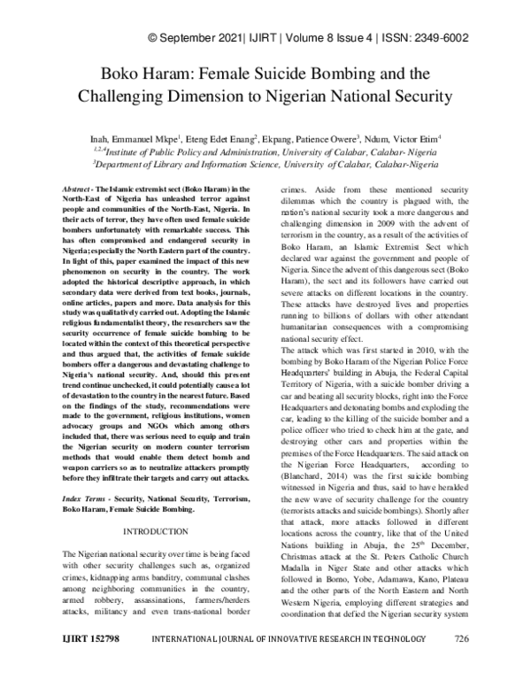 (PDF) Boko Haram: Female Suicide Bombing and the Challenging Dimension to Nigerian National Security